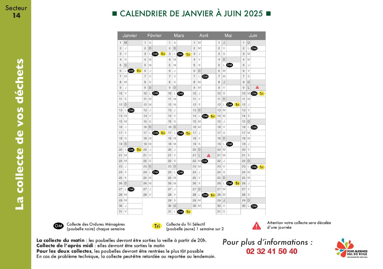 Calendrier de collecte des déchets 2025 - 1er semestre - Mairie de Routot Mairie de Routot
